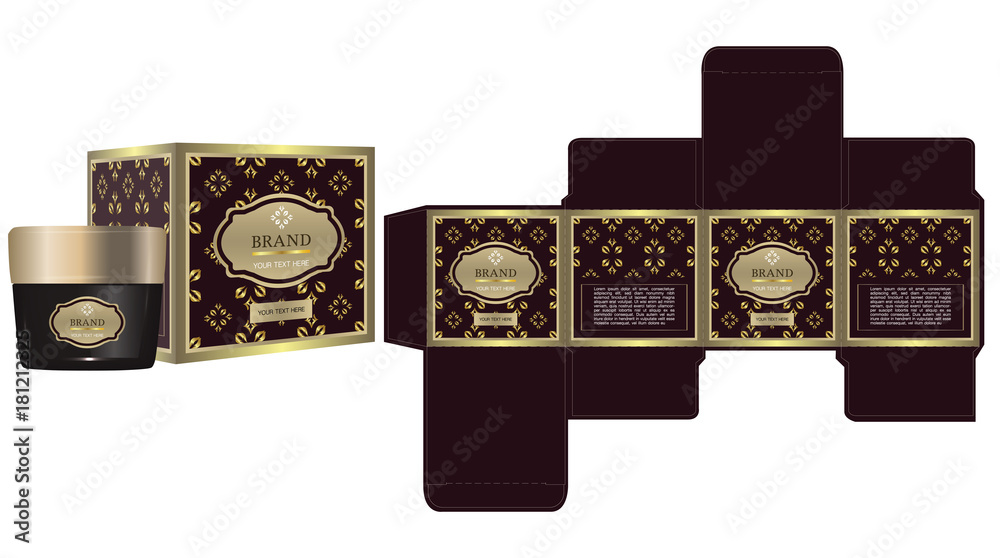 Label on packaging container with luxury box design template and mockup ...