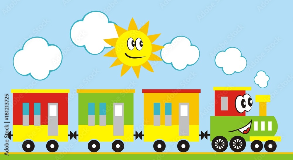 Train set, three wagons locomotive. Funny vector illustration. Train ...