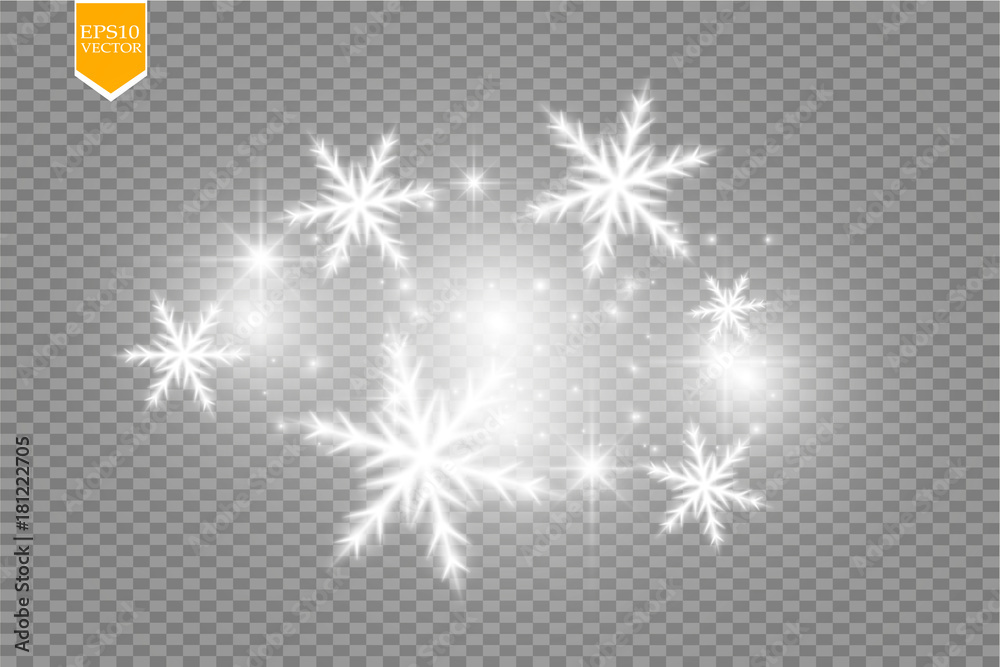 Shine white snowflake with glitter isolated on transparent background. Christmas decoration with ...