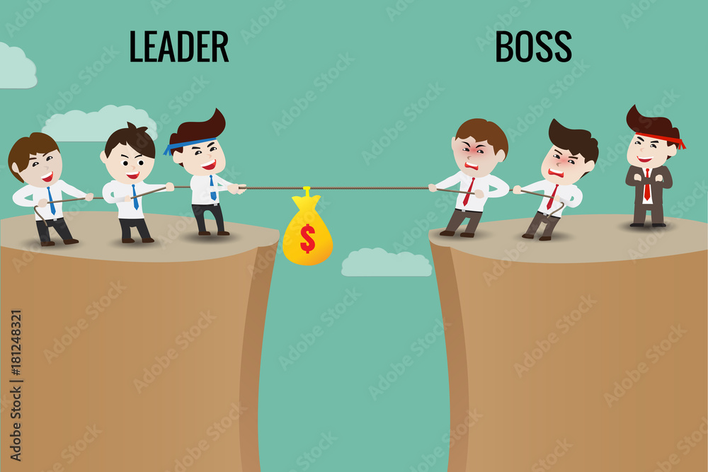 The difference between leader and boss. Flat design vector cartoon ...