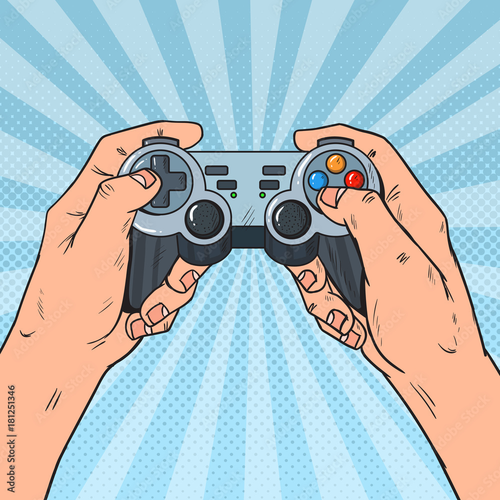 Pop Art Man Holding Gamepad. Male Hands with Joystick Console. Video ...