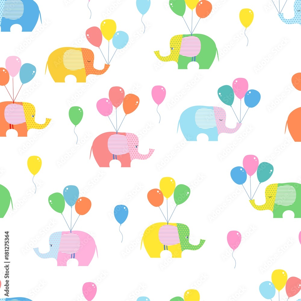 Seamless background, pattern. Cute elephant walking with balloons and ...