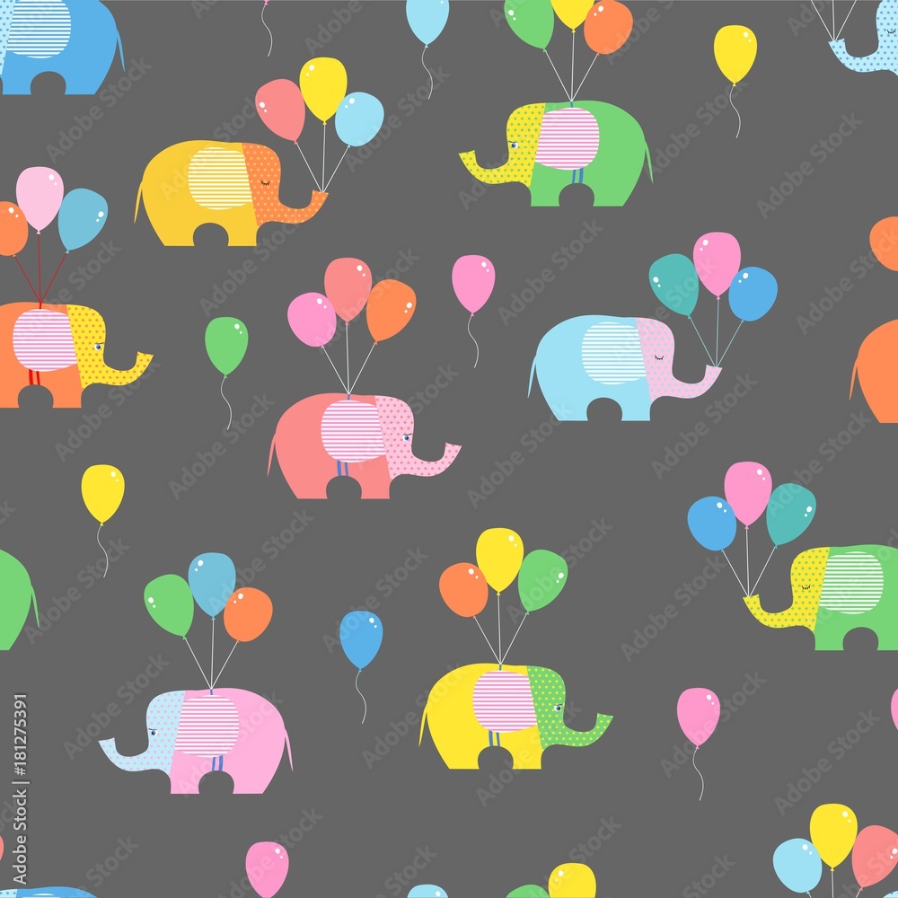 Seamless background, pattern. Cute elephant walking with balloons and ...