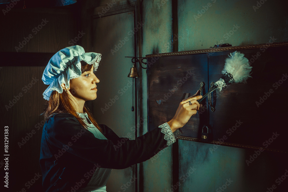 Vintage style maid in uniform with the duster Stock Photo | Adobe Stock