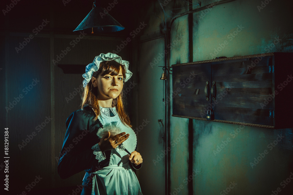 Vintage style maid in uniform with the duster Stock Photo | Adobe Stock
