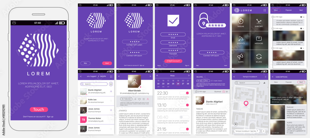 Design of mobile app, UI, UX, GUI. Set with a welcome window ...