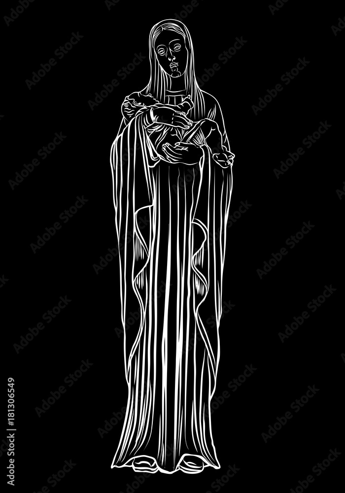 Isolated nativity scene. Mary with the young Jesus Christ in her arms ...