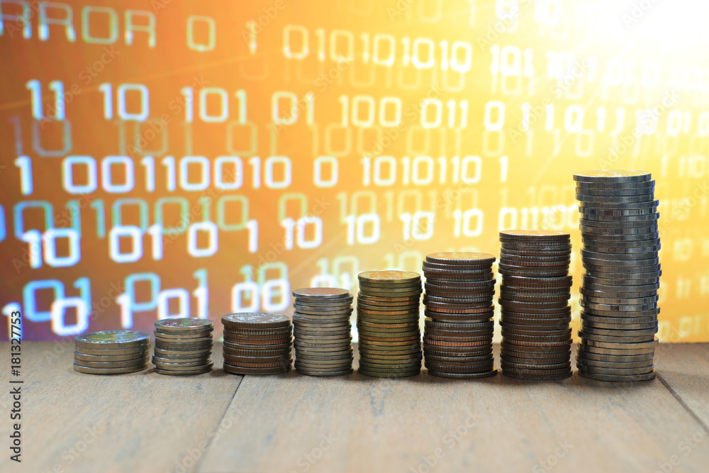 Digital economy. Coin stack increasing chart shape with orange light ...