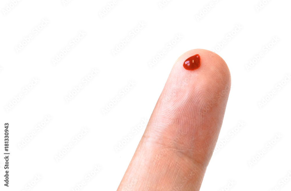finger with a drop of blood on an isolated background. one finger with ...