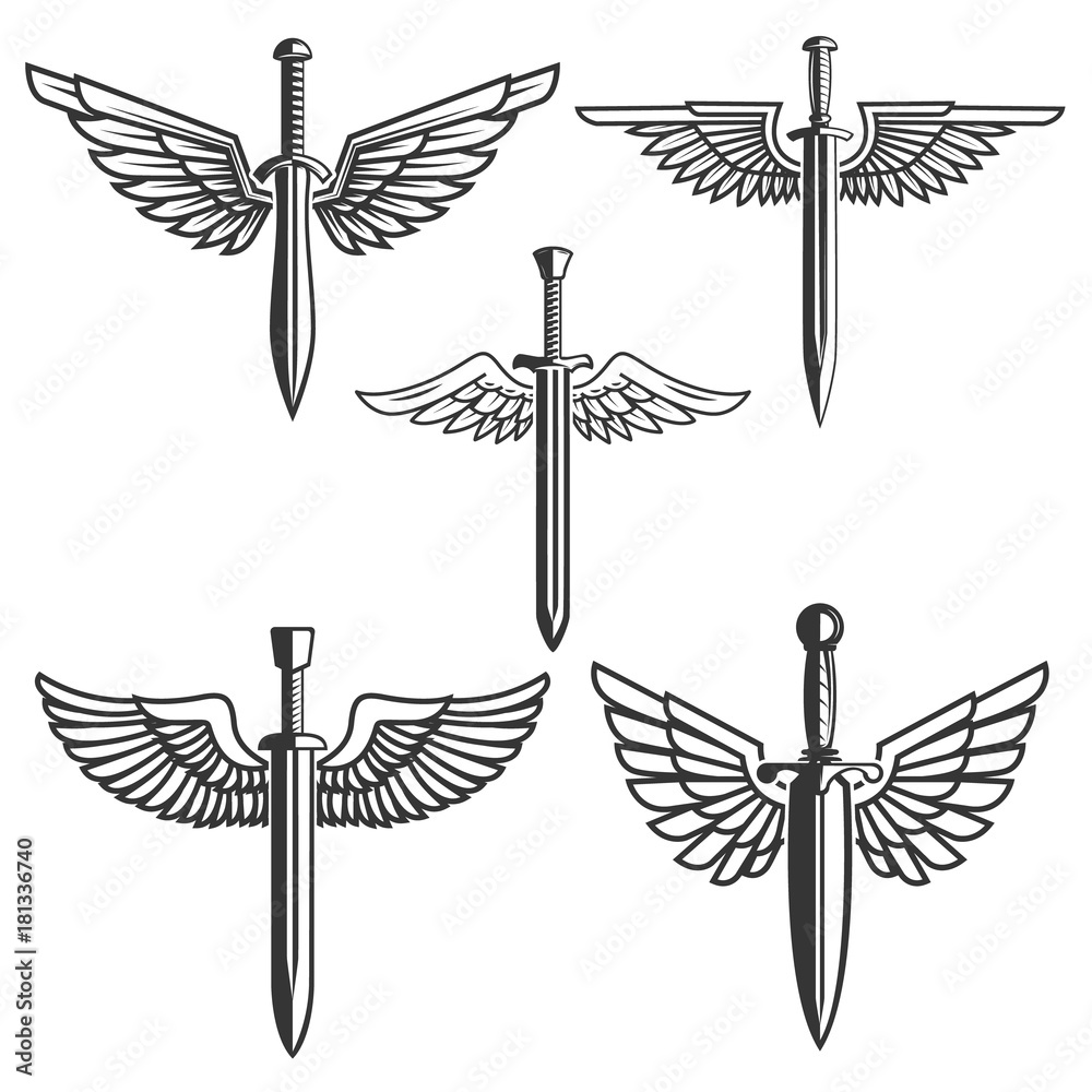 Set of swords with wings. Design elements for logo, label, emblem, sign ...