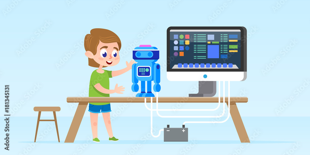 Little boy creating and programming smart robot. Isolated vector ...