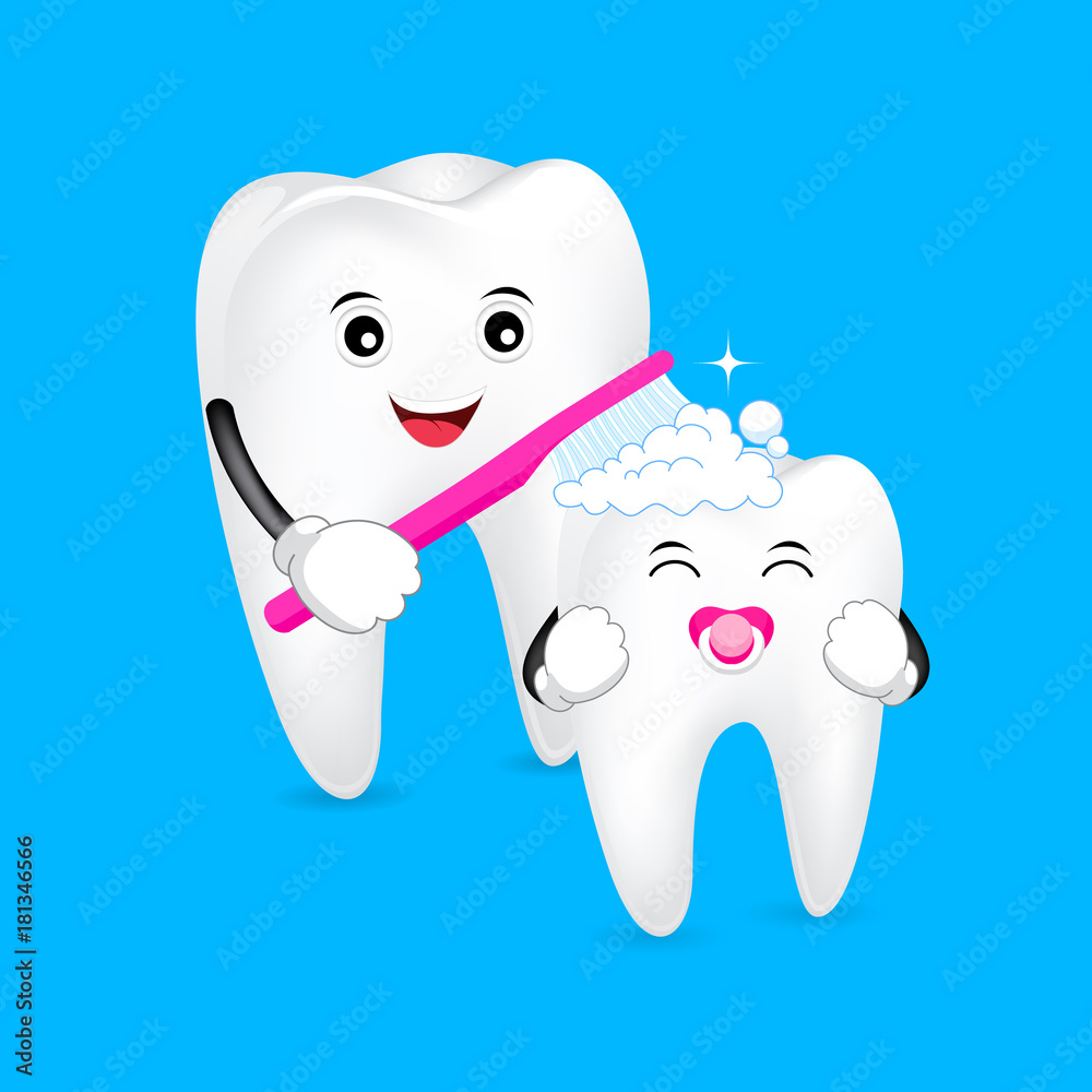 Cute cartoon tooth character. Mom brushing tooth baby. First tooth ...