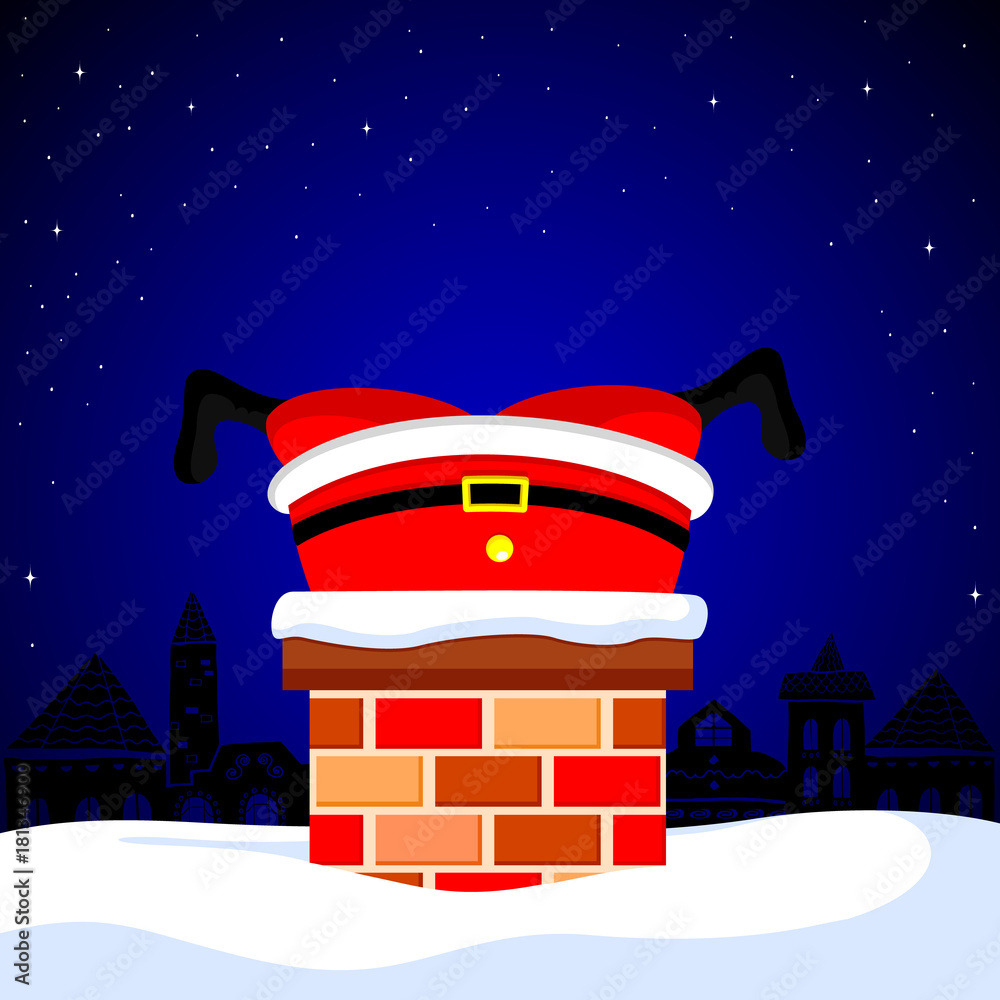 Santa Claus stuck in the chimney on snow roof. Cute cartoon character ...
