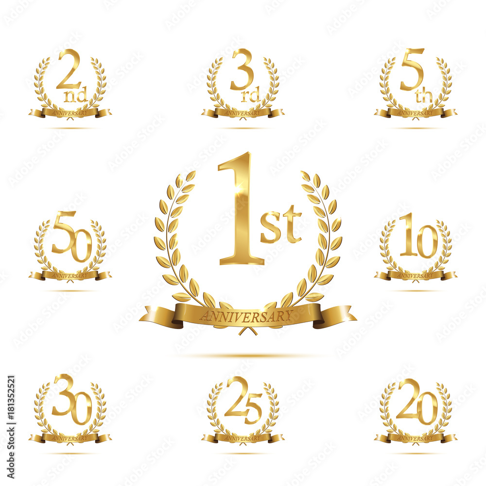 Anniversary golden symbol set. Golden laurel wreaths with ribbons and ...