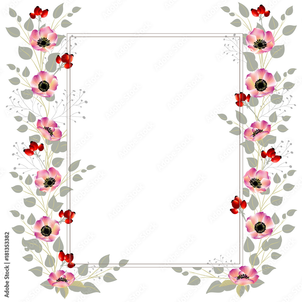 Floral background. Vertical flowers. Rosehips. Berries. Leaves. Vector ...