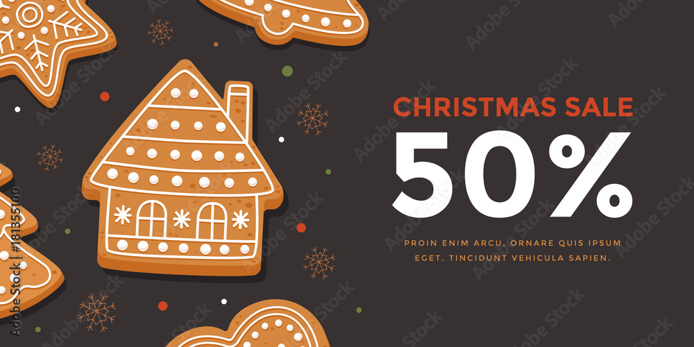 Horizontal banner Christmas sale with gingerbread house. Template New ...