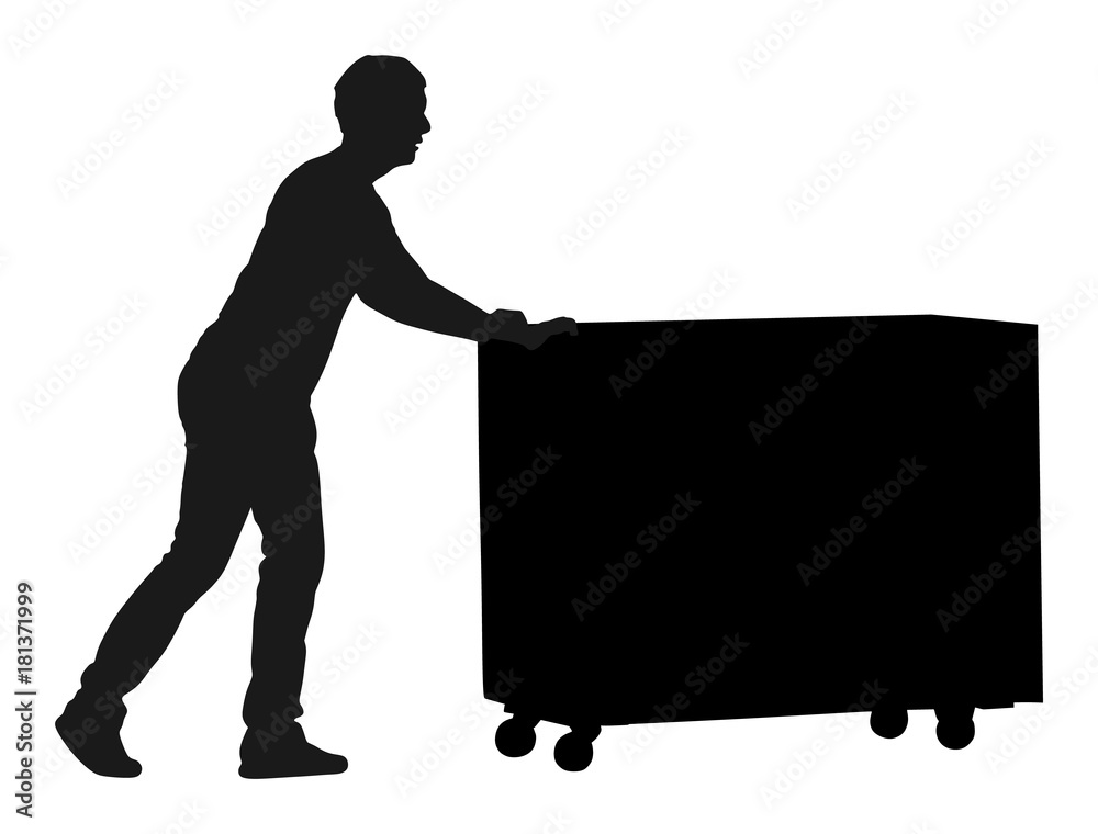 Hard worker pushing wheelbarrow and carry big box vector silhouette ...