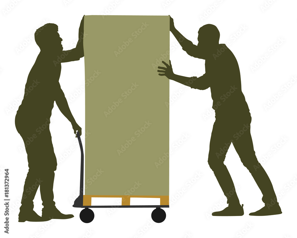 Hard workers pushing wheelbarrow and carry big box vector silhouette ...