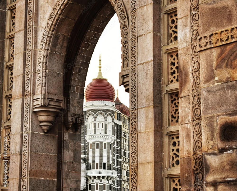 Taj hotel view through Gateway of India. Stock Photo | Adobe Stock