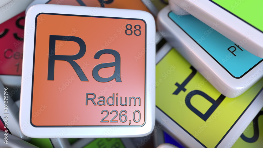 Radium Ra block on the pile of periodic table of the chemical elements ...