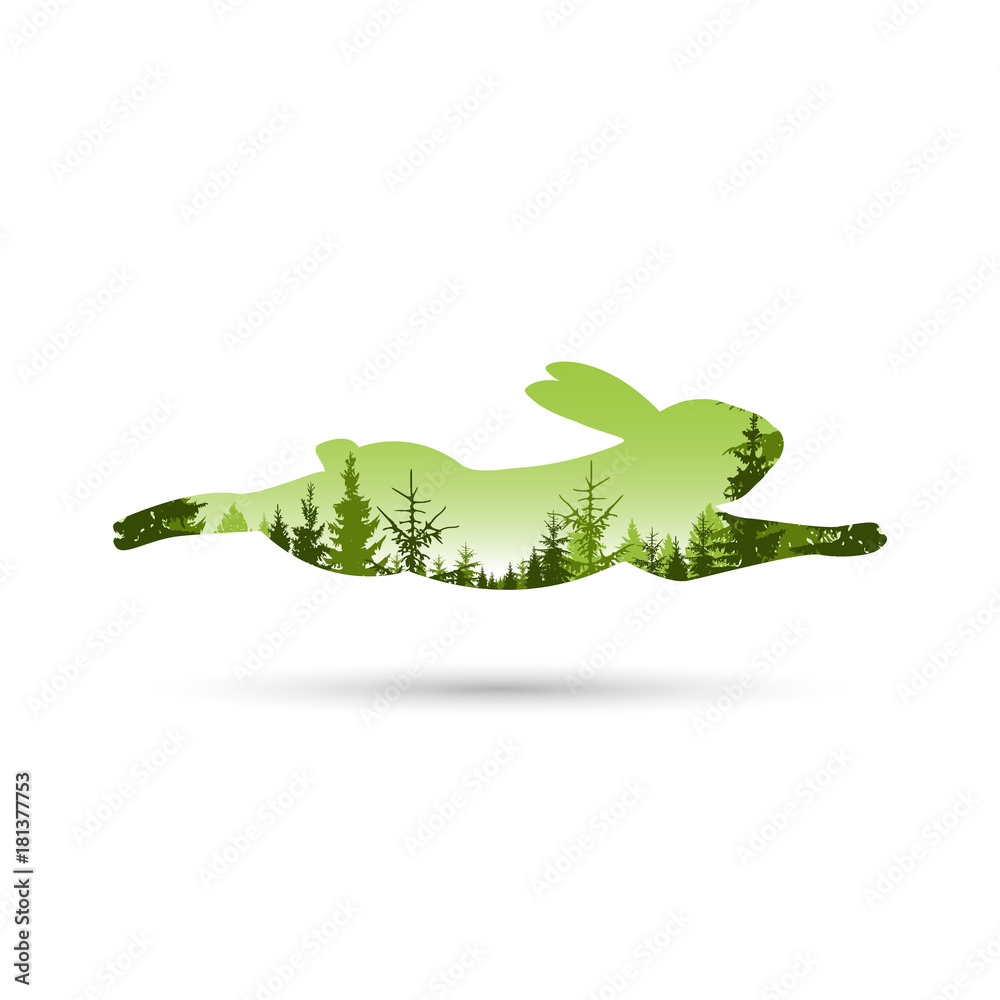 Silhouette of running rabbit with pine trees. Green tones. Stock ...