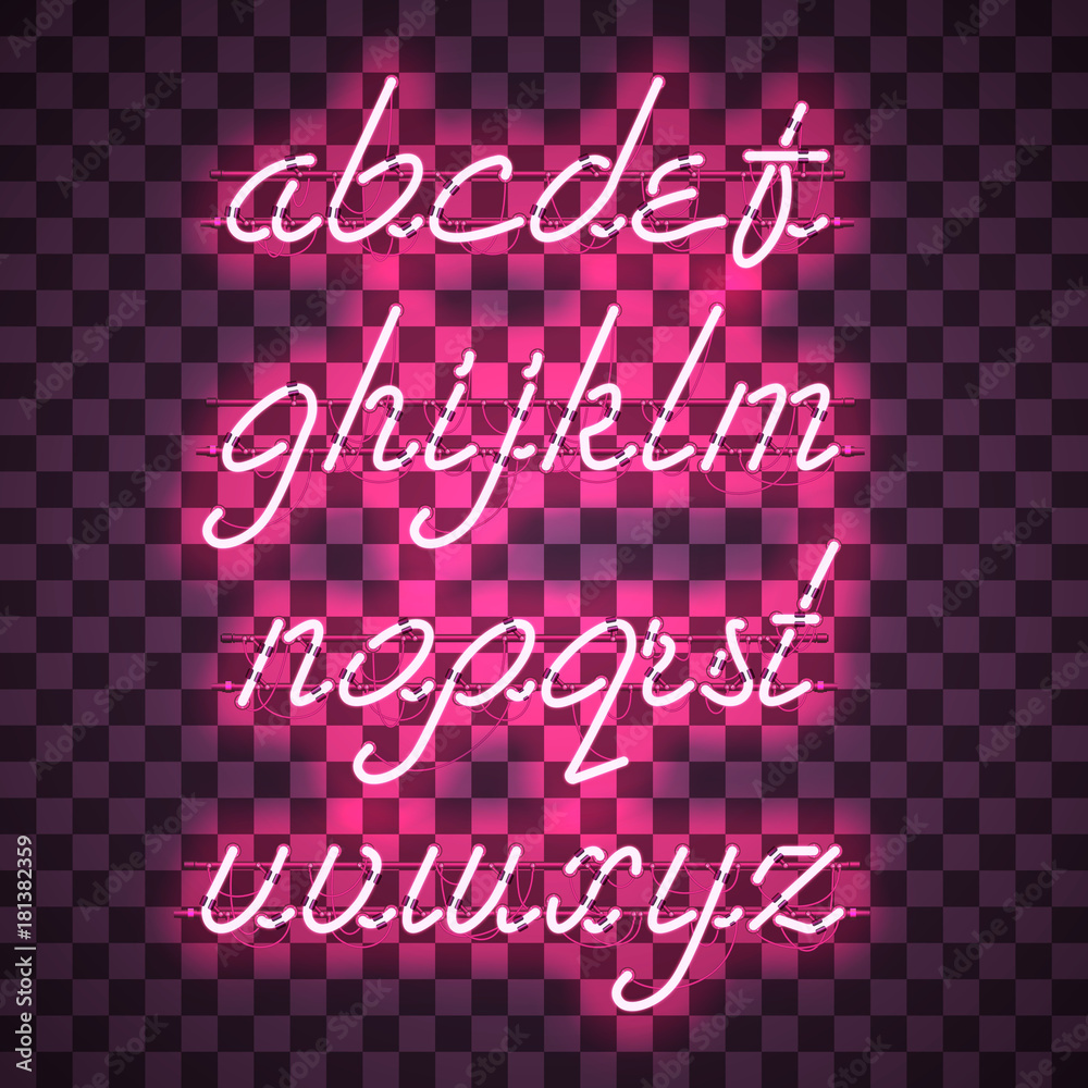 Glowing Purple Neon Script Font with lowercase letters from A to Z with ...