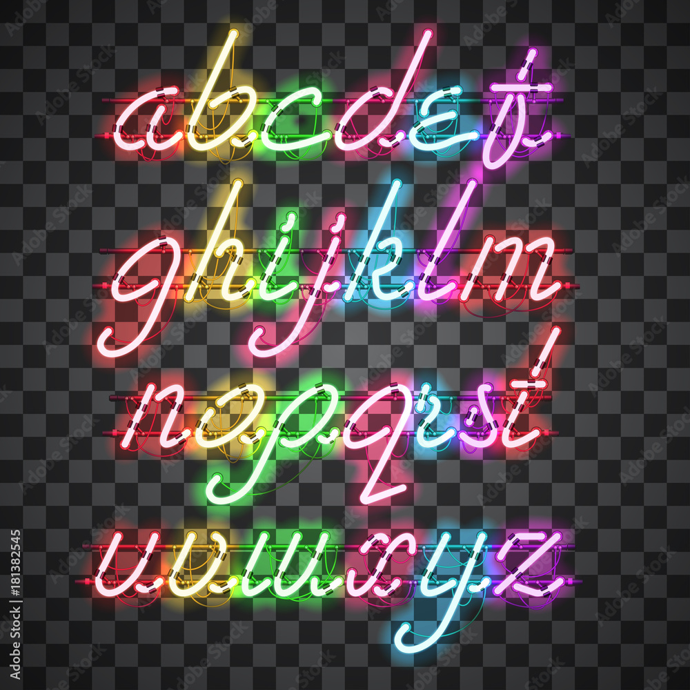 Glowing Multi Colors Neon Script Font with lowercase letters from A to ...