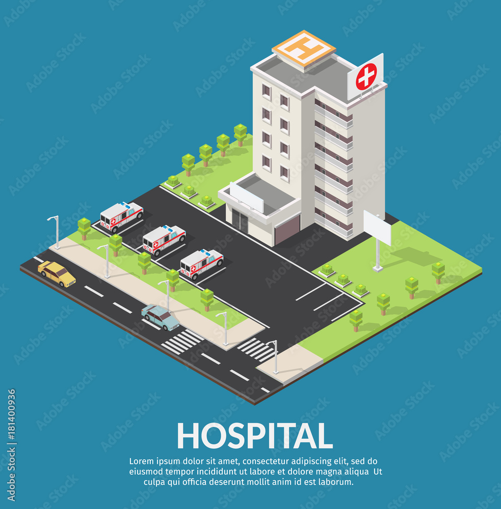 Vector isometric illustration city medical center hospital facades ...