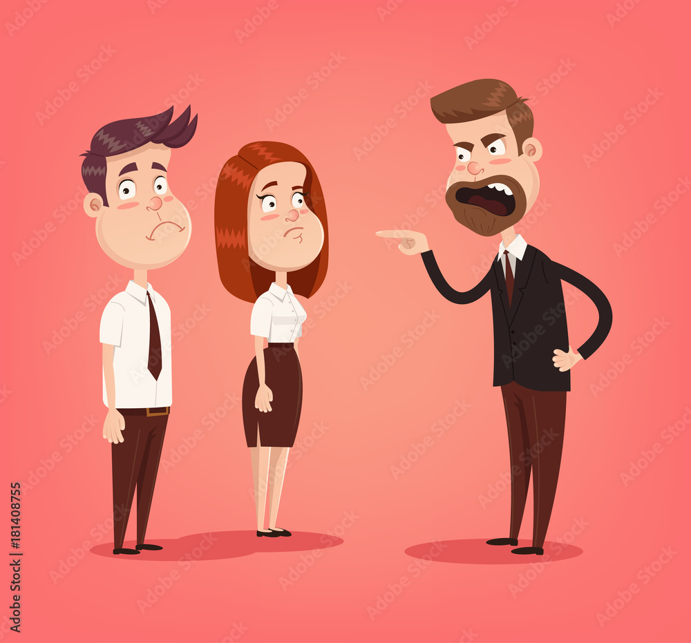 Angry mad boss character screaming at employees office workers. Vector ...