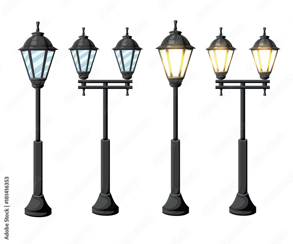 Vintage streetlights. Vector retro street lamp lights isolated on white ...