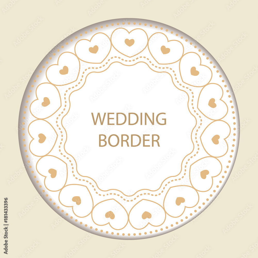 Round frame with decorative elements. Wedding card with gold heart ...