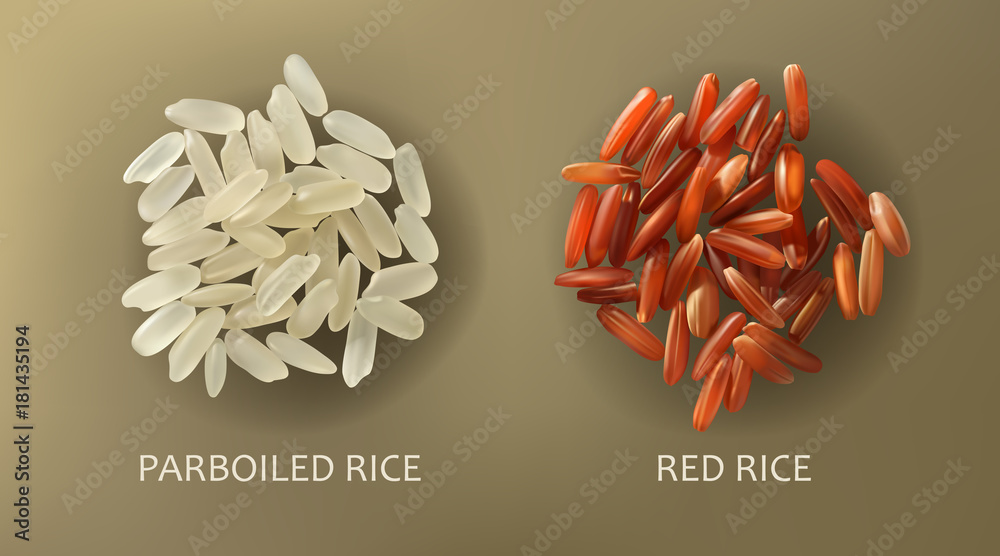 Two handfuls of white parboiled and red cargo rice, isolated on a brown ...
