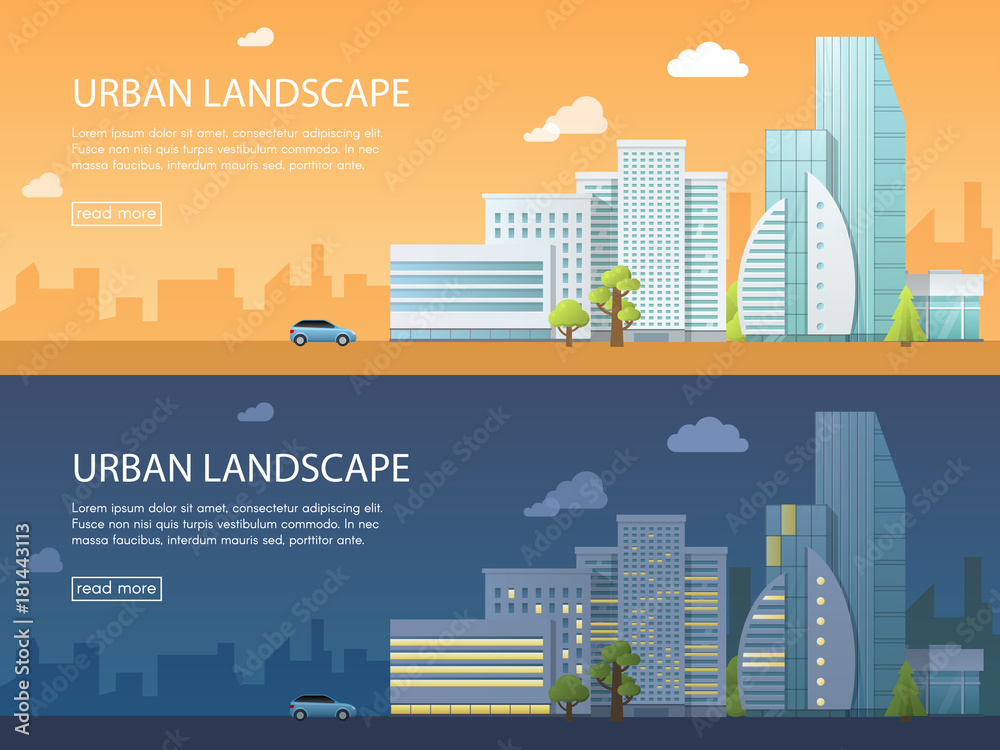 Two web banner modern vector illustration of urban landscape with ...