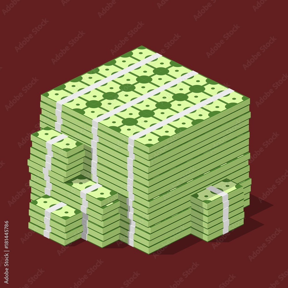 Big stacked pile of cash. Hundreds of dollars in flat style isometric ...