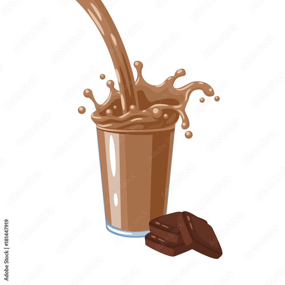 Colorful milkshake design. Choco milky flow and splash in full glass of ...