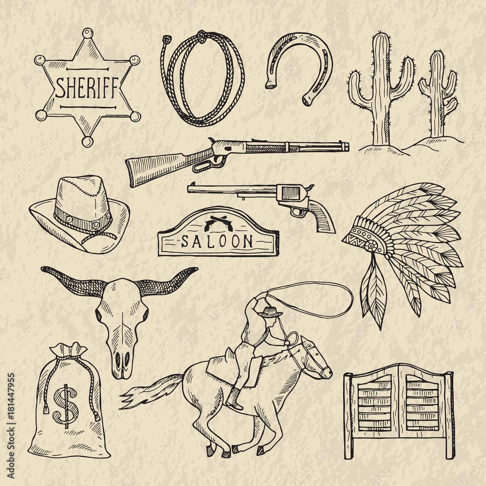 Monochrome hand drawn illustrations of different wild west symbols ...