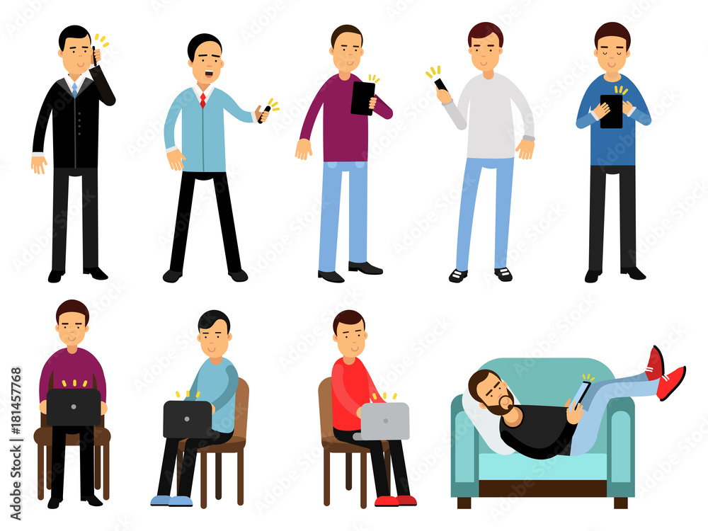 Men with different devices set, people using electronic gadgets in ...