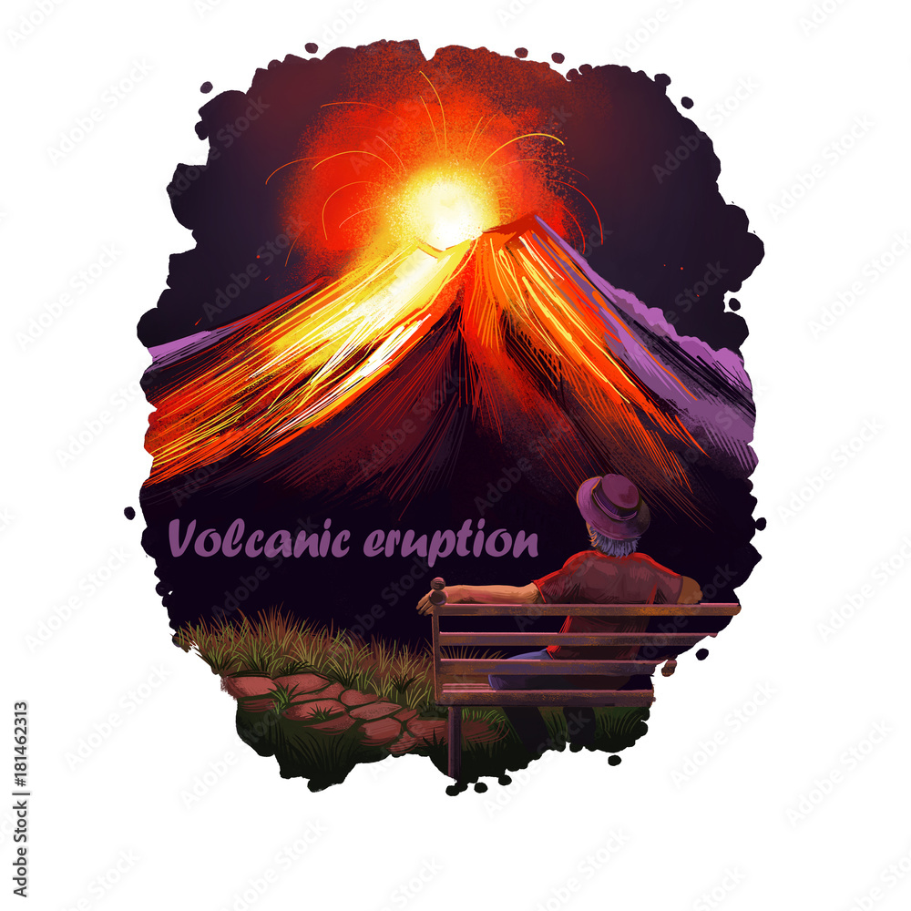 Volcanic eruption digital art illustration of natural disaster. Person ...