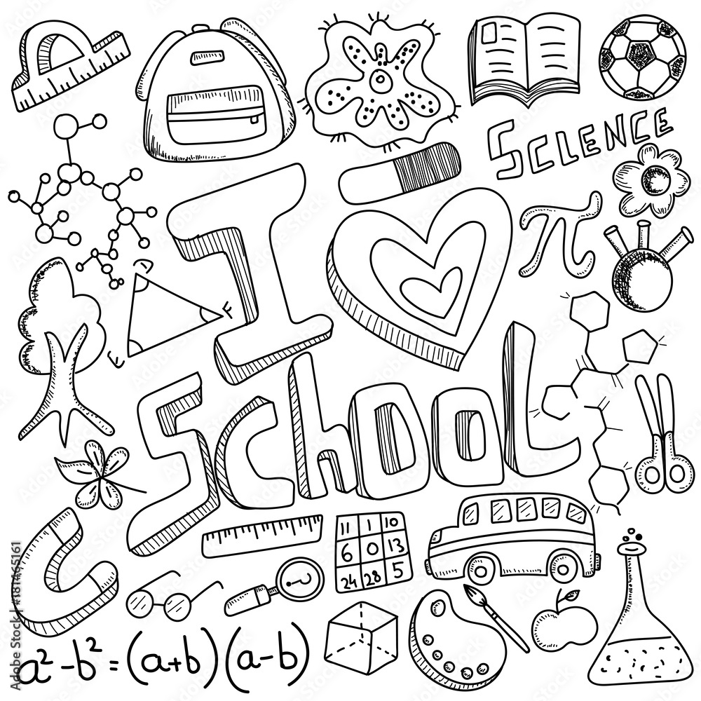 Back to School doodle, with black and white education sign, symbols and ...