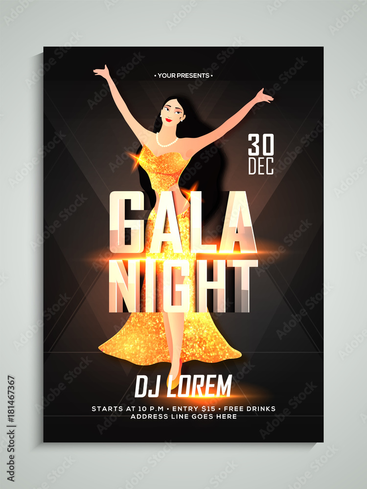 Gala night flyer or banner design with young female singer in shiny ...