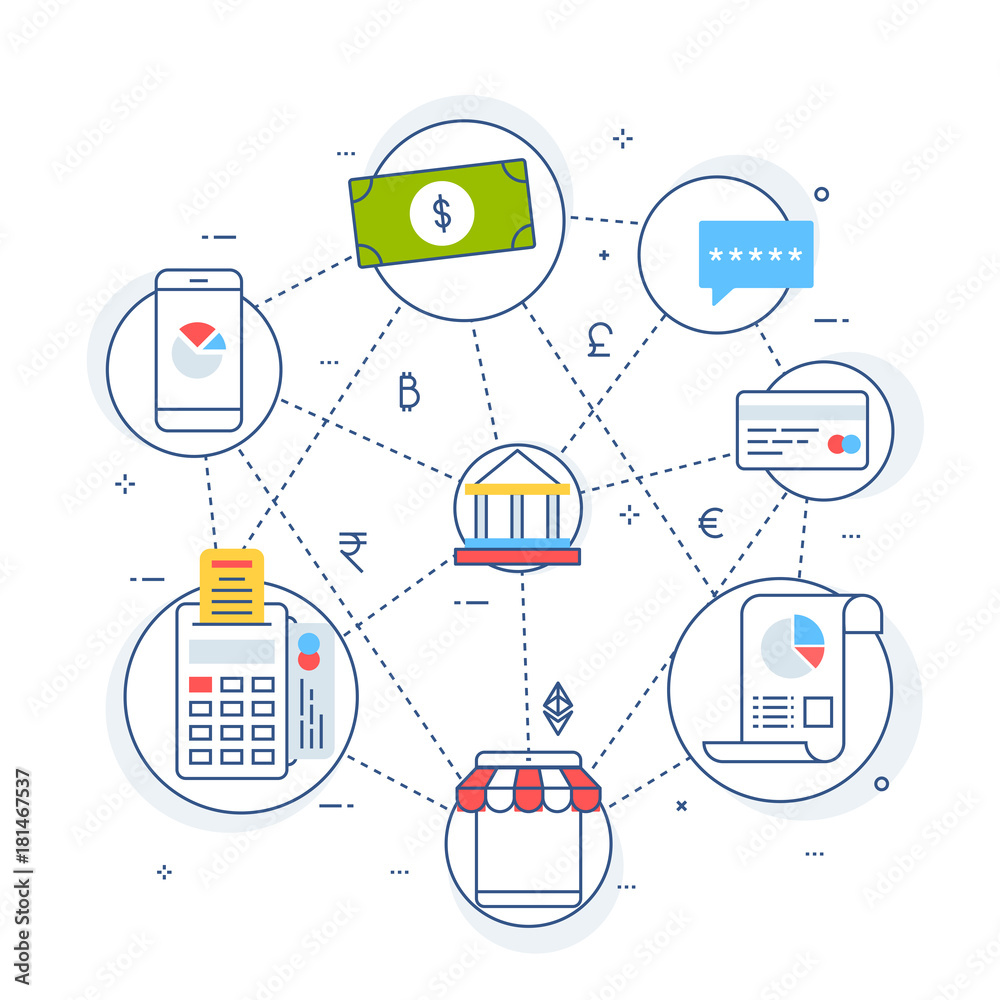 Fin-tech (financial technology) background. Lineart illustration. Stock ...