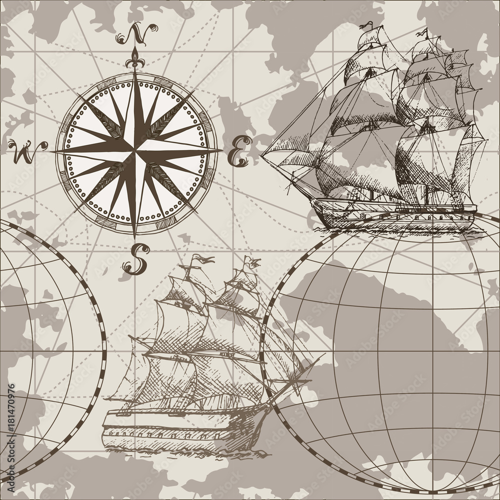 Hand drawn vector seamless sea map with compass and sailing ship ...