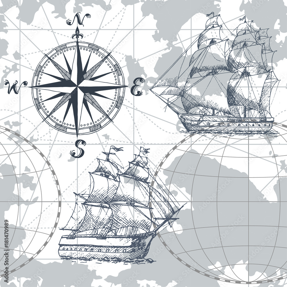 Hand drawn vector seamless sea map with compass and sailing ship ...