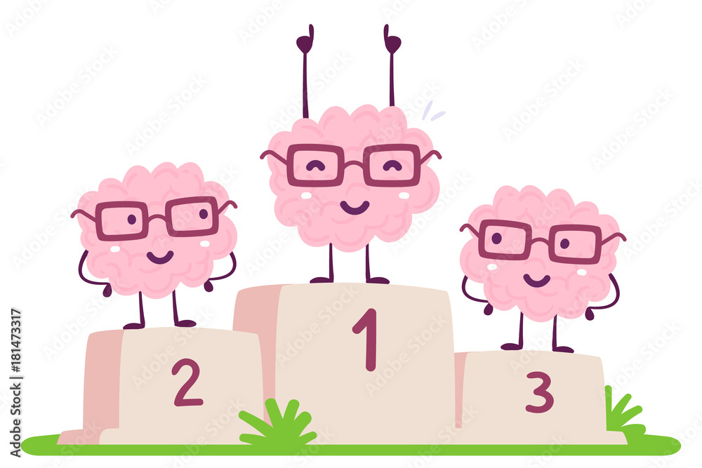 Vector illustration of pink color human brain with glasses stands on ...