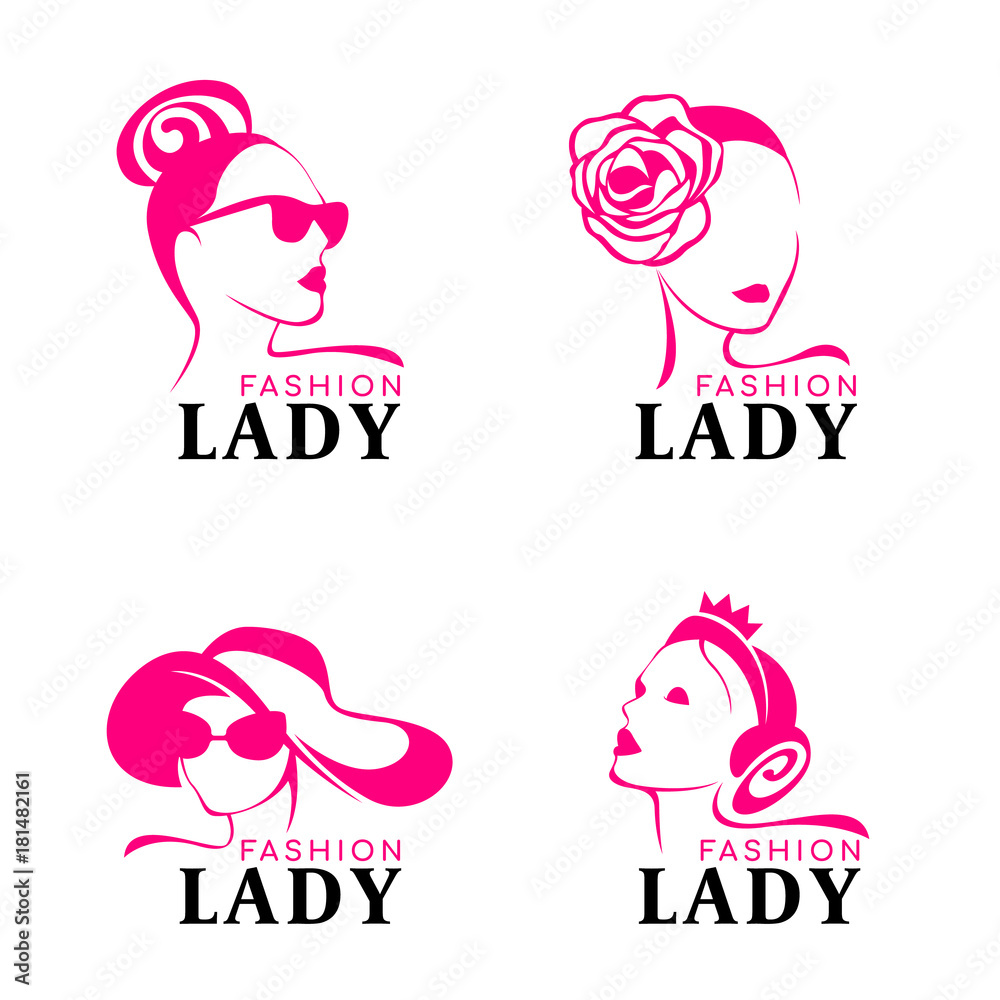 lady fashion logo with woman face Wearing crown jewelery, hat goggles ...