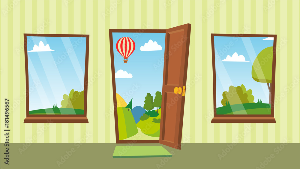 Opened Door And Windows Vector. Cartoon Flat Summer Landscape. Home ...