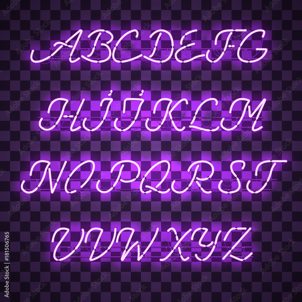 Glowing Purple Neon Script Font with uppercase letters from A to Z with ...