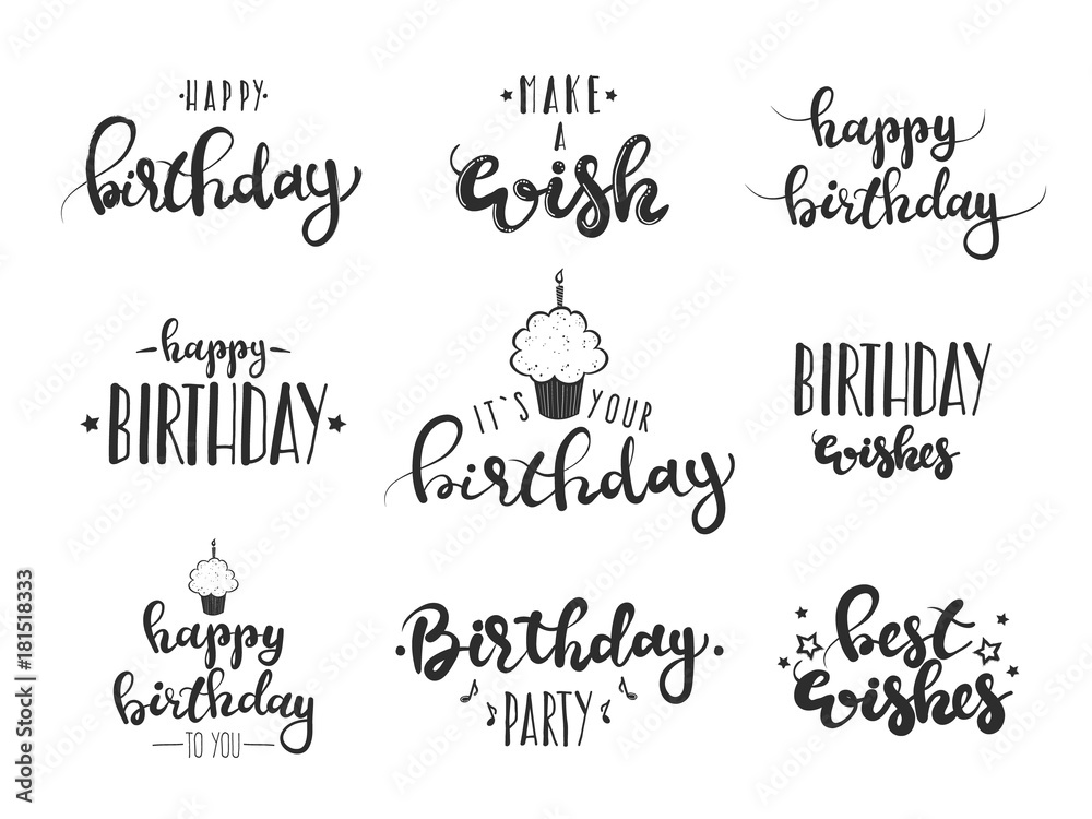 Set Of Happy Birthday Hand Lettering For Greeting Cards Isolated