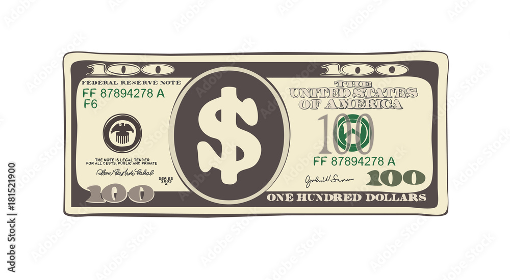 100 dollars in flat cartoon style. Vector design of bill one hundred ...