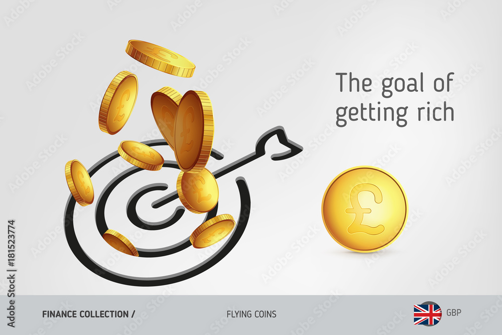 Pound Sterling coins. Target icon with flying Pound Sterling coins ...